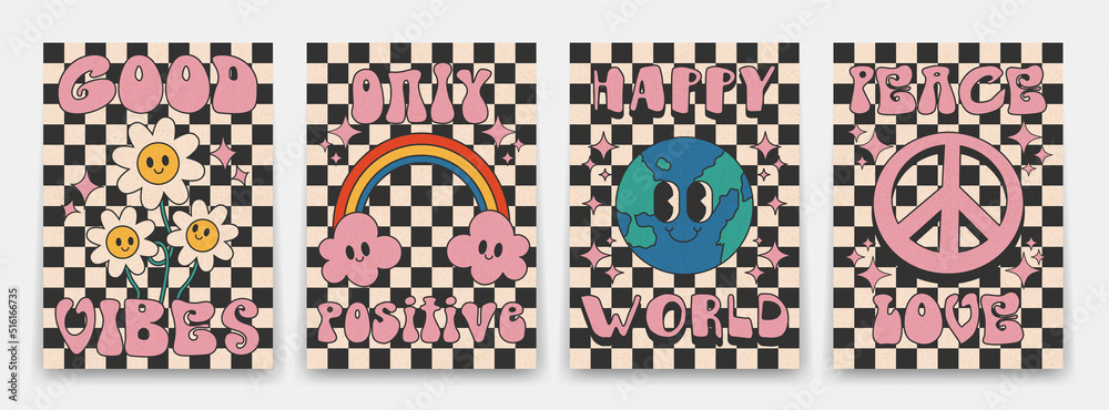 Collection of bright groovy posters 70s. Retro poster with psychedelic ...