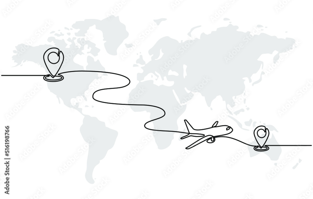 Continuous line drawing of aircraft flight routes and airport ...