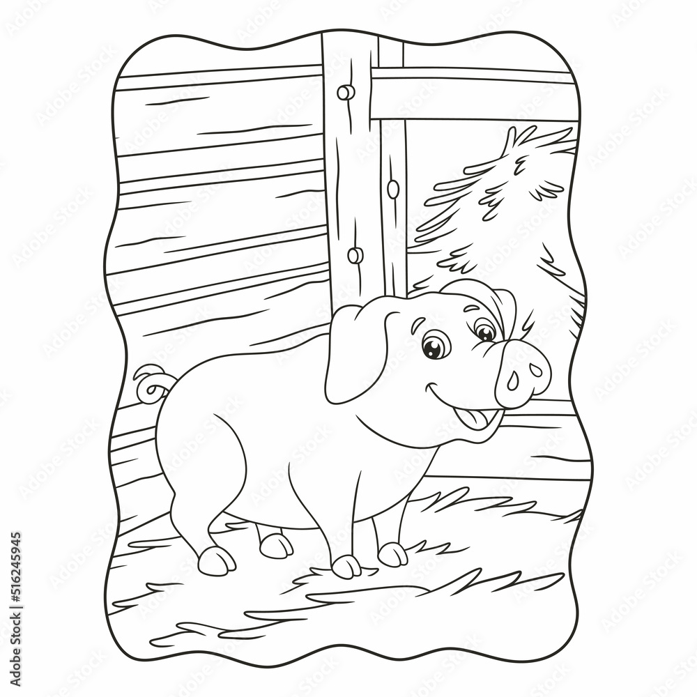 cartoon illustration a pig walking around in its cage on a haystack ...