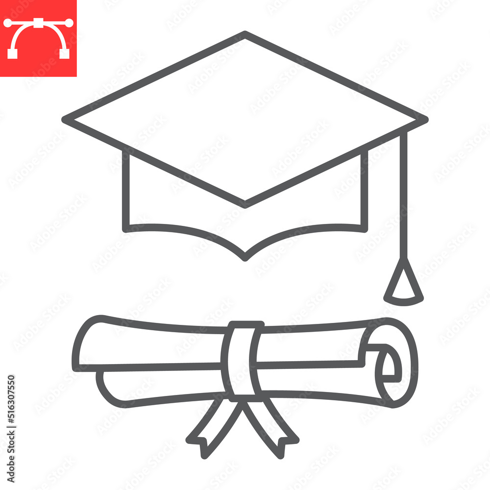 Graduation cap and diploma line icon, school and education, graduation ...