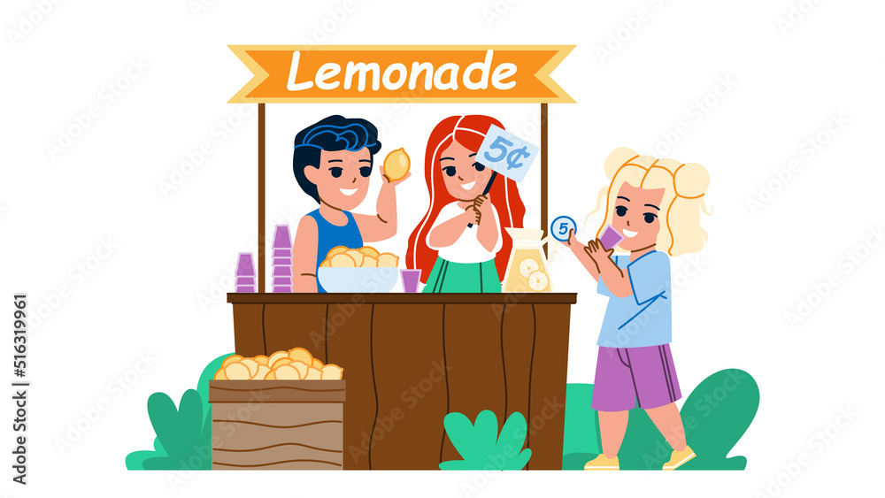 Children Selling Lemonade Drink Outdoor Vector. Boy And Girl Kids ...