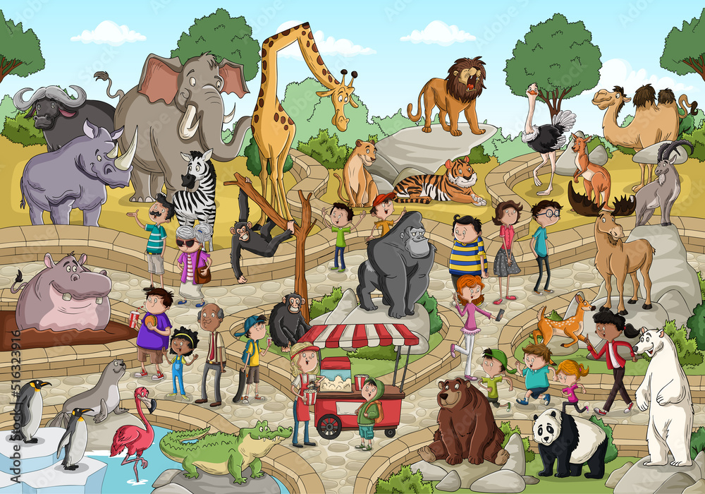 Zoo with cartoon animals and people. Animals and visitors at the zoo ...