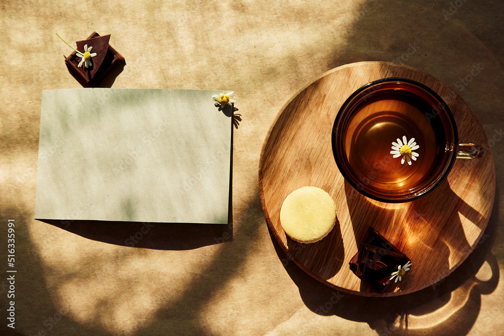 Aesthetic summer tea time, herbal tea and macarons dessert outside in ...