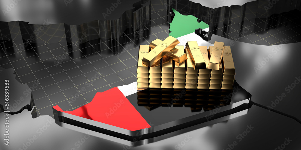 United Arab Emirates map and flag, gold ingots - 3D illustration Stock ...