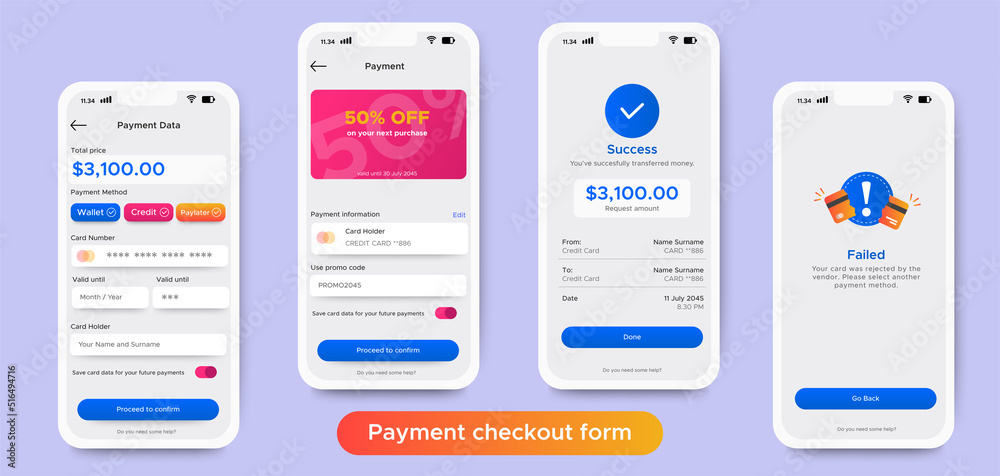 Online Payment checkout mobile apps UI,UX, GUI set with wallet, shopping, account, fund transfer ...