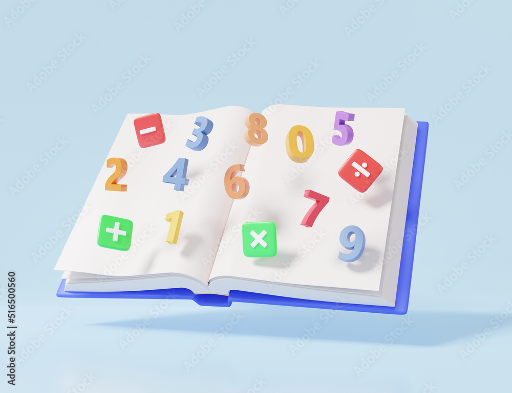 Cartoon minimal colorful open book with symbols math, plus, minus ...