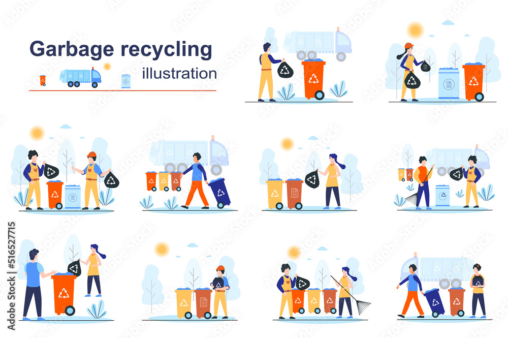 Garbage recycling concept scenes seo with tiny people in flat design ...