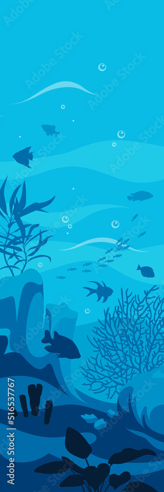 Vector ocean world. Deep seascape with seaweeds, fish and corals ...