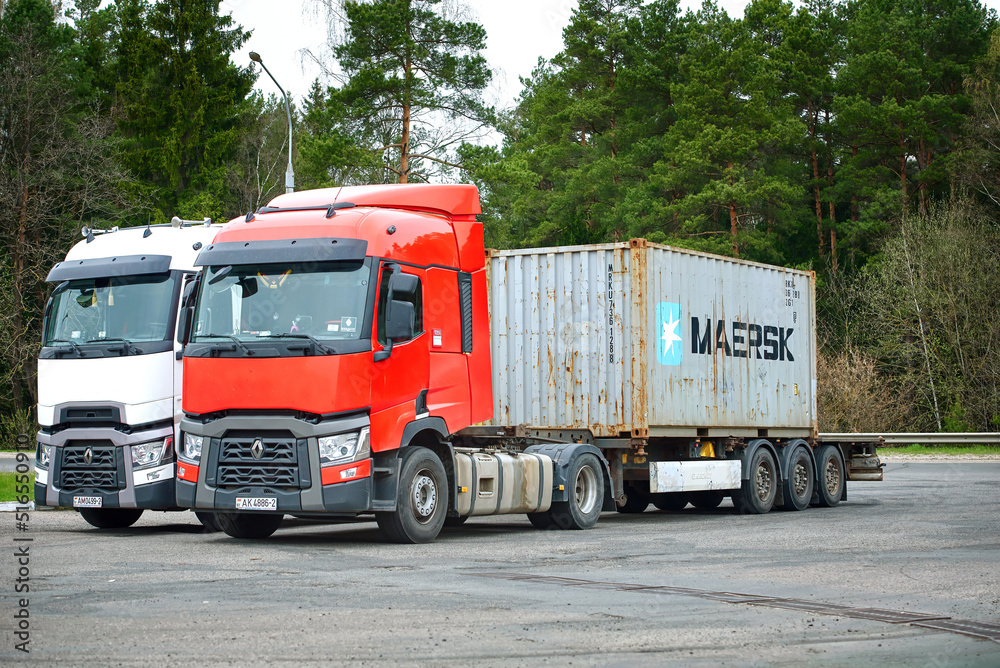 Minsk, Belarus. May 2022. Red Renault truck deliver container Maersk ...