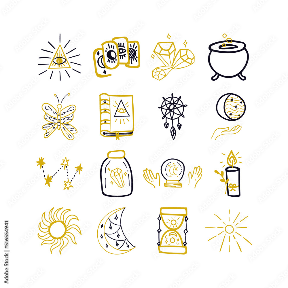 Mystery Doodle Set Isolated. Vector Illustration of Magic and Witch ...
