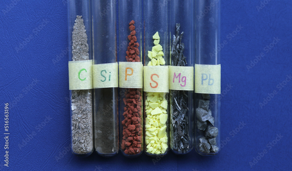 Simple natural substances of inorganic origin in test tubes: gray ...