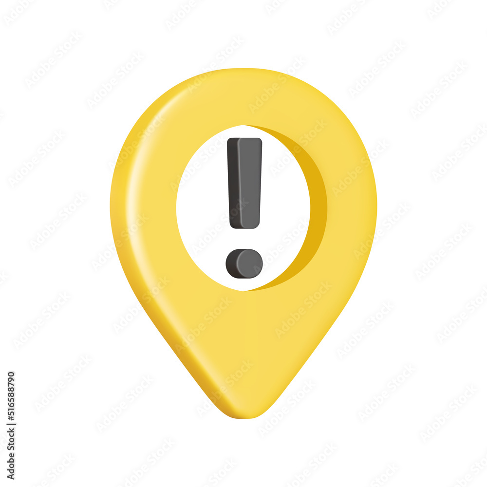 Map pin with exclamation point 3d icon. Warning on map. Isolated object ...