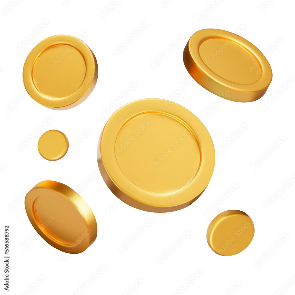 Flying coins 3d icon. Gold coins from different angles. Isolated object ...