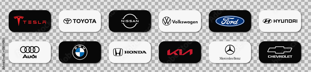 Vector de Stock Popular car brands. Set of logos. Tesla, Toyota, Nissan ...