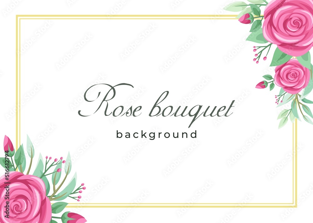 Pink rose flower with greenery frame border on white background ...