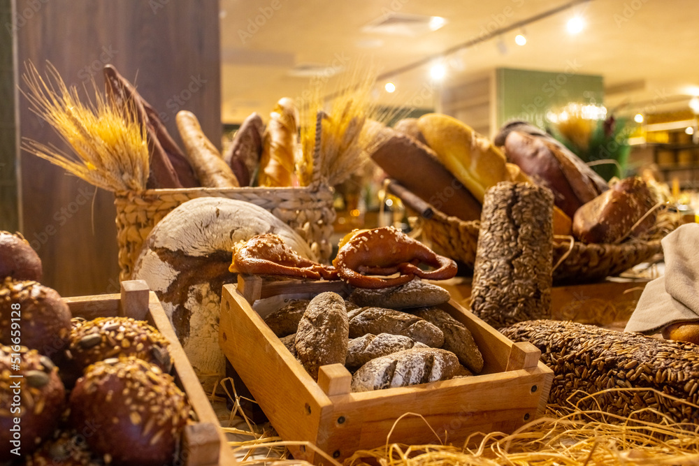 Rustic set with bread buffet for decoration design. Rustic wood table ...
