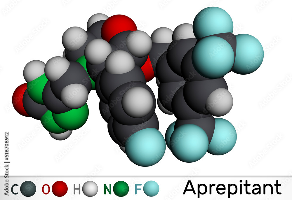 Aprepitant drug molecule. It is used to treat nausea and vomiting caused by chemotherapy and ...