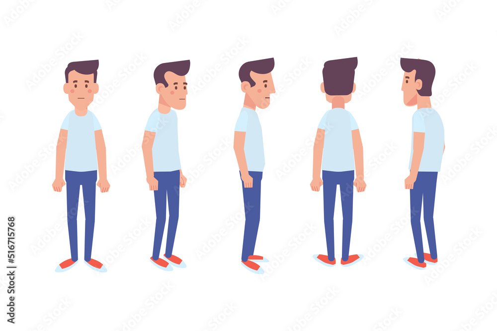 Man, male, guy front, side, back view flat vector character for ...