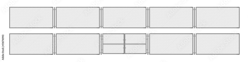 Fence mesh from wire, metal grid with gate. Steel fencing segments ...