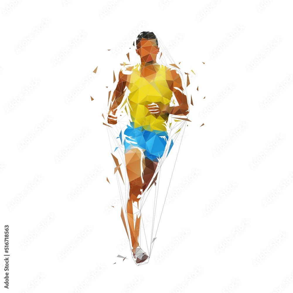 Run logo, running man, front view low polygonal isolated vector ...