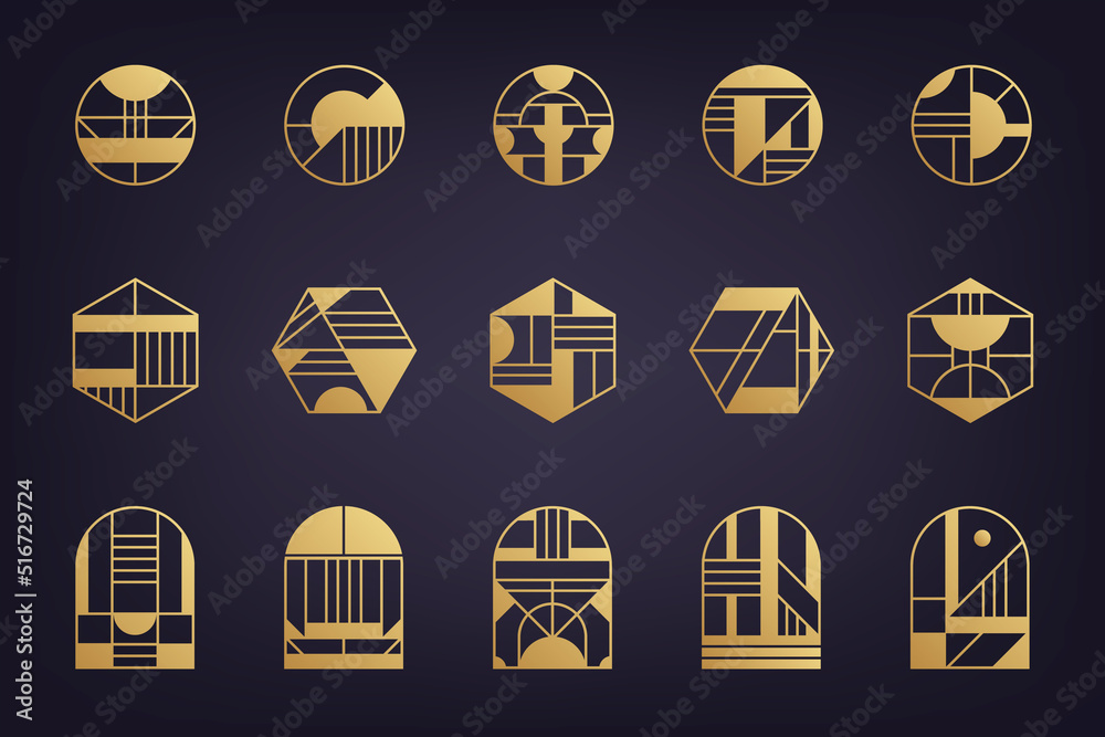 Vector set of golden luxury art deco logos, gold geometric abstract icons. Linear modern style ...