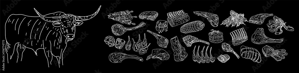 Butcher shop blackboard Cut of Beef Meat. Butchery Cow Food Chalk Board ...