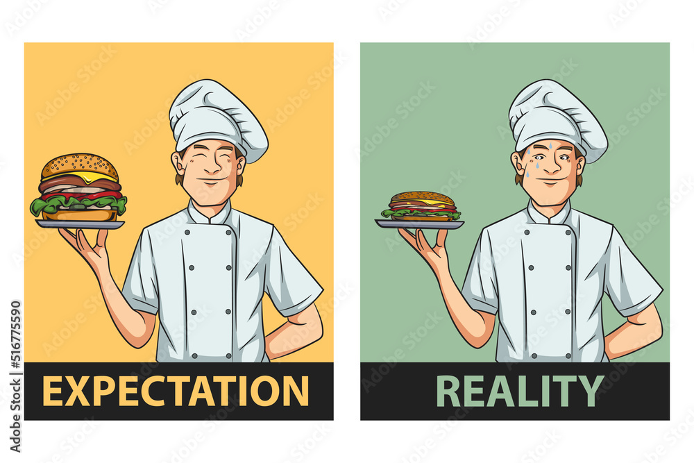 expectation versus reality. Chef cartoon character holding platter ...