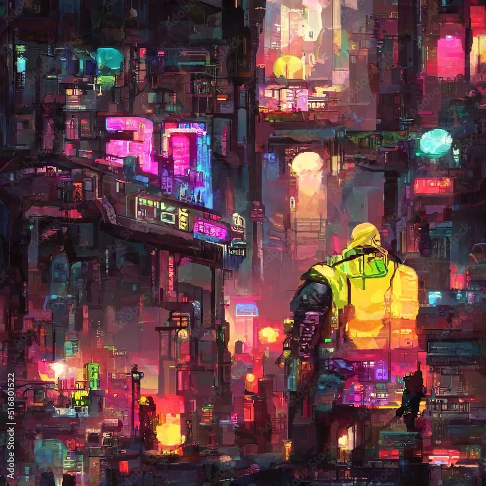 Ilustración de Stock Cyberpunk neon city night. Futuristic city scene ...