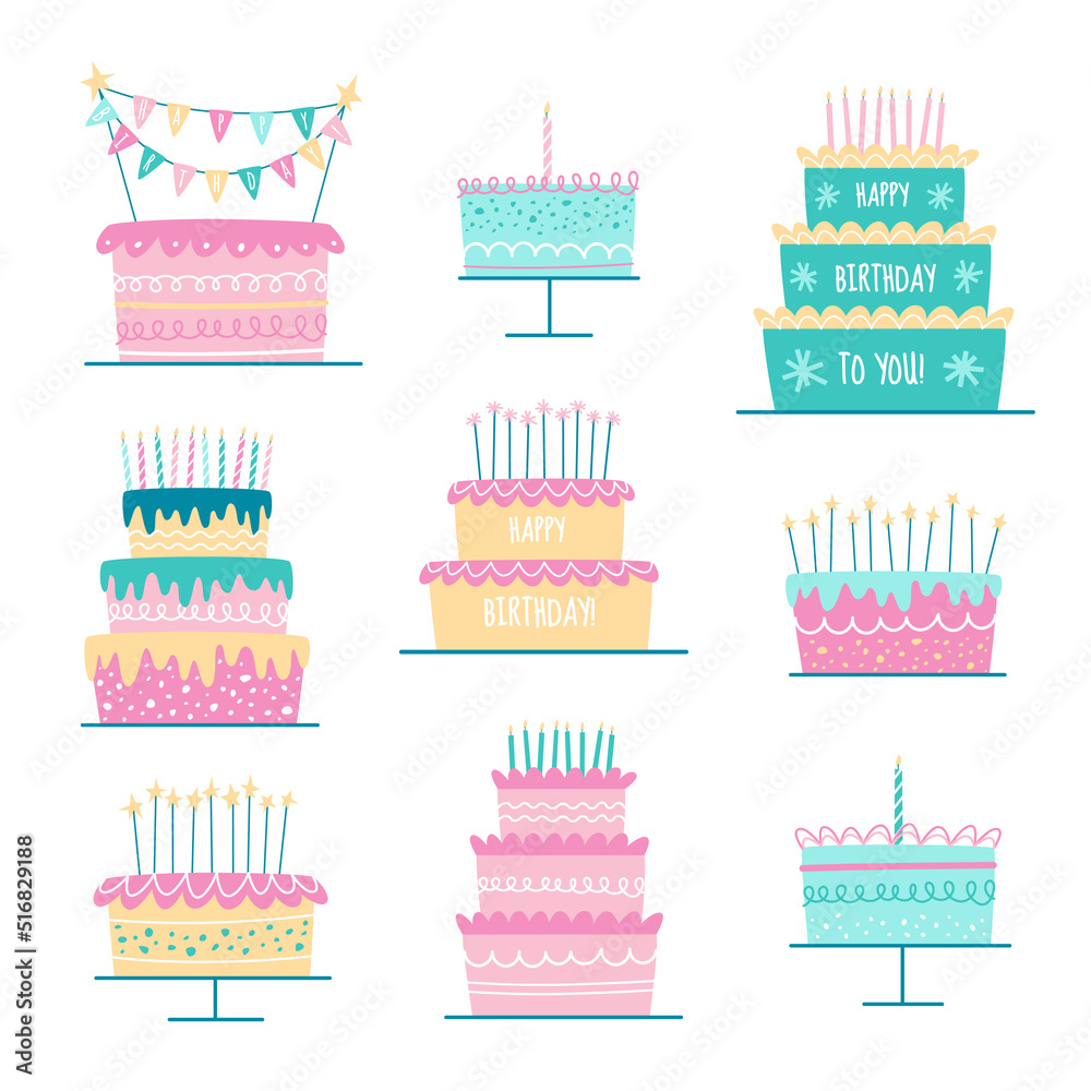 Happy Birthday cakes vector illustrations set. Holiday flat style ...