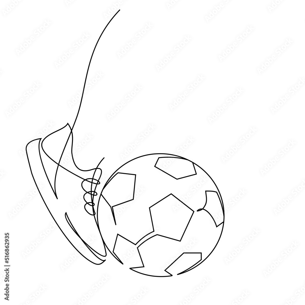 Continuous line drawing. Illustration shows a football player kicks the ...