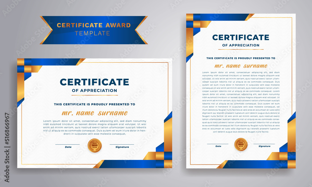 Blue and gold certificate with badge and border vector A4 template. For award, business, and ...