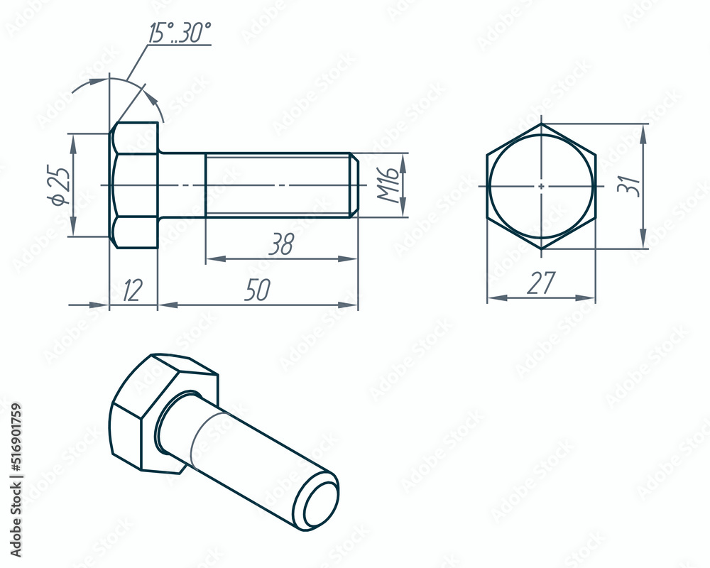 Bolt. Detail sketch with dimensions. Vector illustration for technical ...