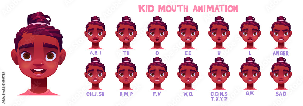 Kid mouth animation sprite sheet. Girl face expression and lips poses ...