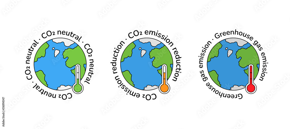 CO2 emission reduction icon set. Colorful cartoon style outline planet ...