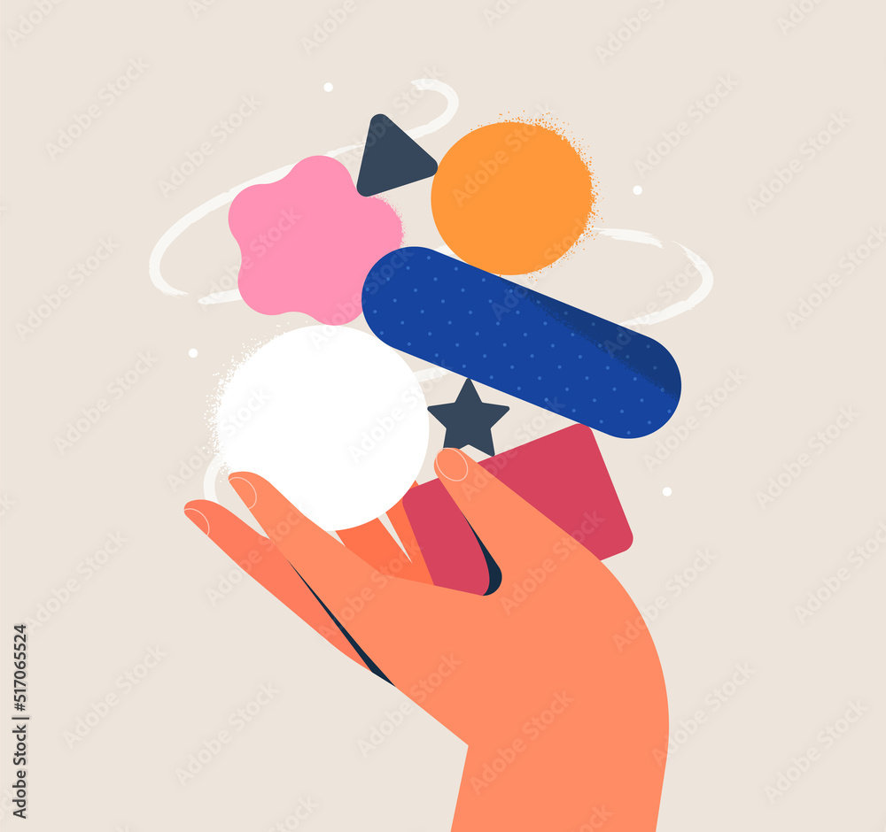 Hand holding various simple geometric shapes. Balance, multitasking ...