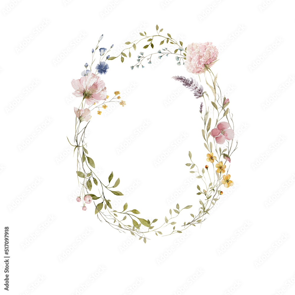 Watercolor floral wreath. Hand painted frame of greenery, wildflowers ...