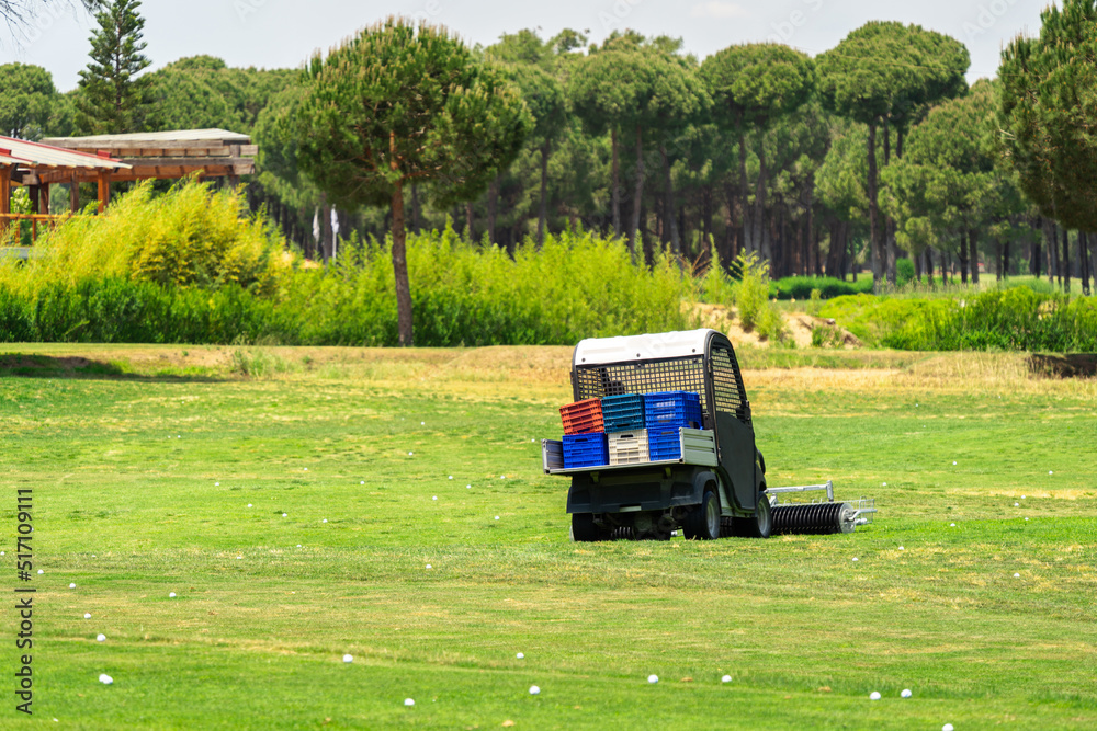 Golf course and golf cart collecting golf balls. Ballpicker on driving ...
