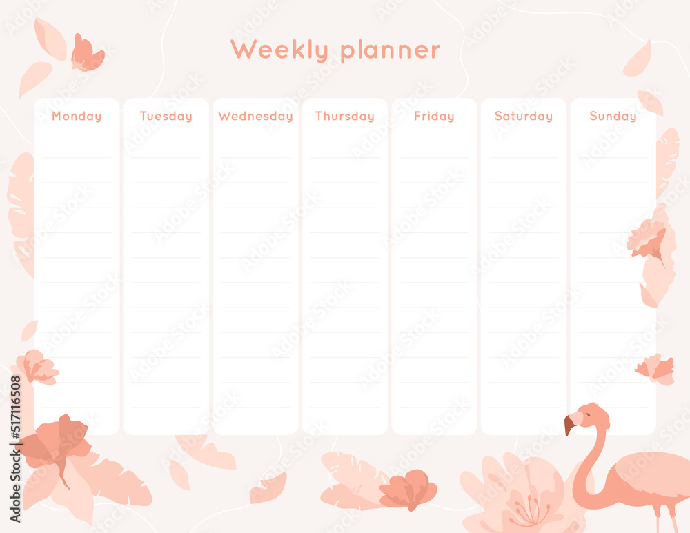 Weekly planner template with flamingo, flowers and leaves. Printable ...