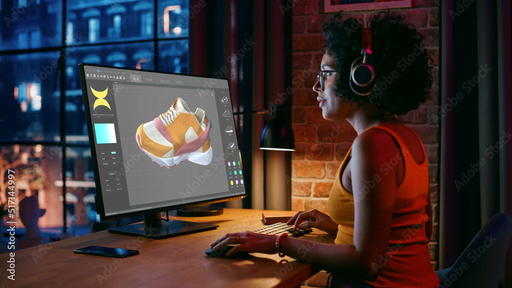Black Female Art Director Examining 3d Model of Shoe while Working at ...