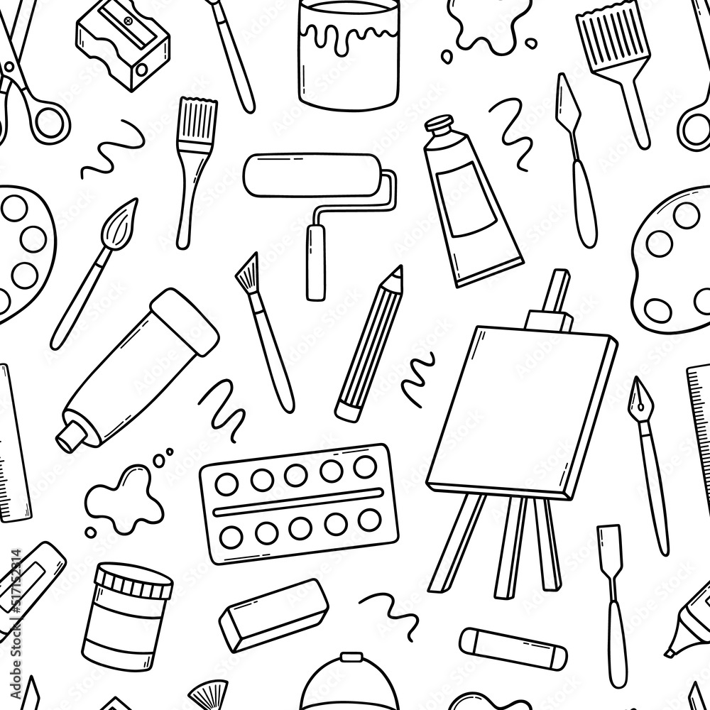 Hand drawn seamless pattern of artist tools doodle. Art supplies in ...