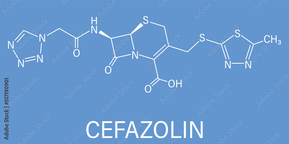 Skeletal formula of Cefazolin antibiotic drug molecule. First ...
