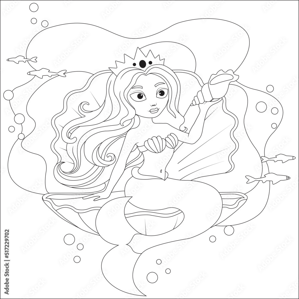 Funny mermaid coloring page for kids Stock Vector | Adobe Stock