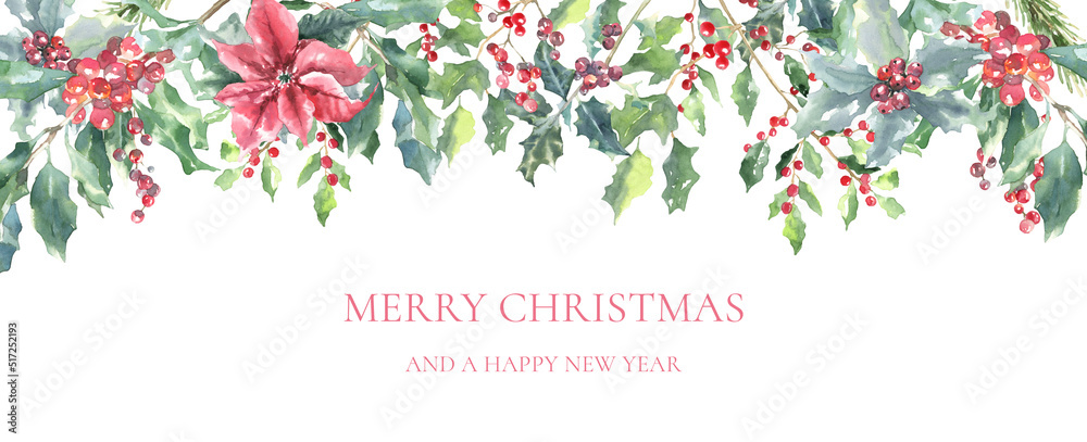 Merry Christmas greeting card. Watercolor floral border illustration ...