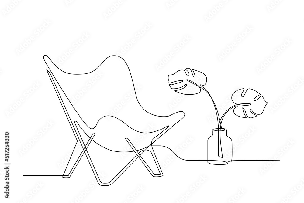 Interior with armchair and plant in Continuous One line style. Single ...