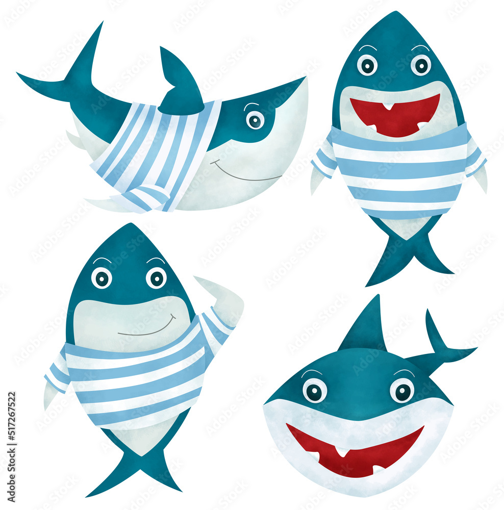 Baby sailor shark poses cartoon character clipart, funny fish animal ...