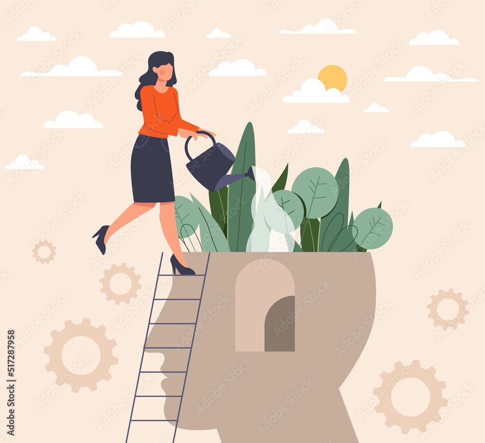 Personal growth and improvement concept. Woman stands on ladder and ...