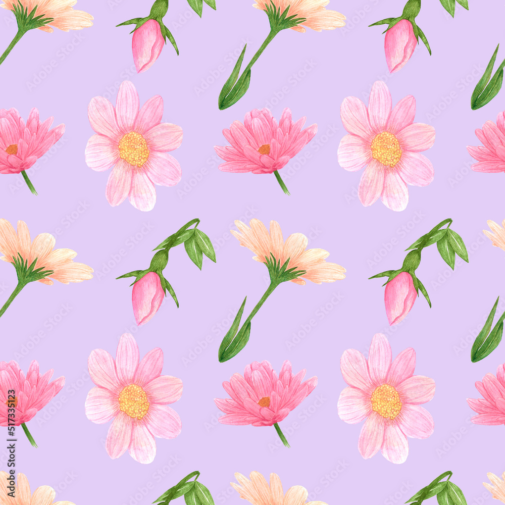 Handdrawn aster seamless pattern. Watercolor pink flowers with green ...