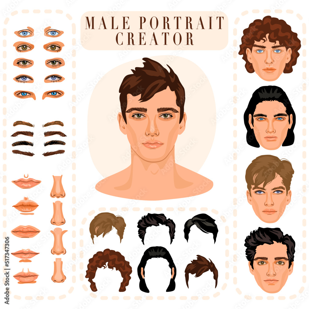 Male face constructor, handsome man portrait creator. Avatar generator ...