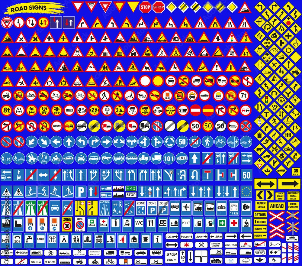 Large collection of road signs of the world. Set of warning, priority ...