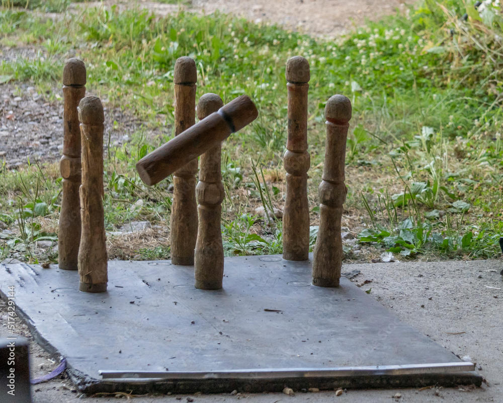 Mallet skittle game, traditional Gascon game Stock Photo | Adobe Stock